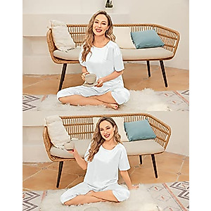 SWOMOG Womens 2 Piece Satin Pajamas Silk Short Sleeve Pjs Sets Capri Bottom Pajama Pants Soft Outfits with Pockets White
