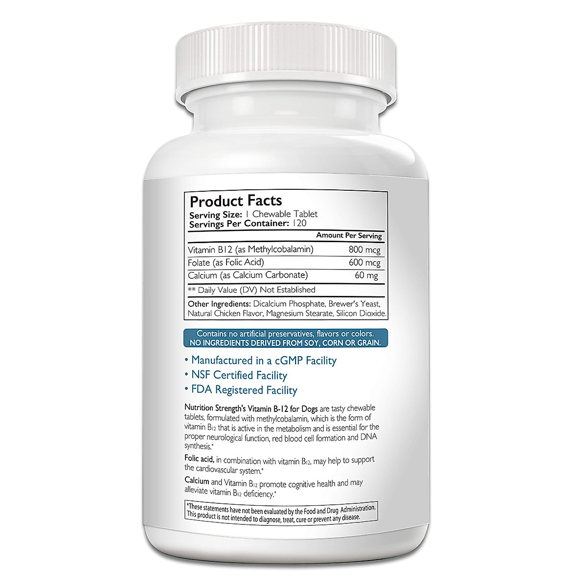 Nutrition Strength Vitamin B12 for Dogs Plus Folate & Calcium, Support the Nervous System & Blood Cell Formation, Help Sustain Cellular Energy Generation & Maintain DNA Synthesis, 120 Chewable Tablets