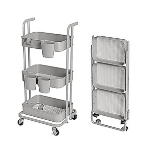 Merapi 3 Tier Foldable Rolling Cart, Metal Utility Cart with Wheels, 3 Hanging Cups and 6 Hooks, Folding Trolley for Living Room, Kitchen, Bathroom, Bedroom and Office, Gray