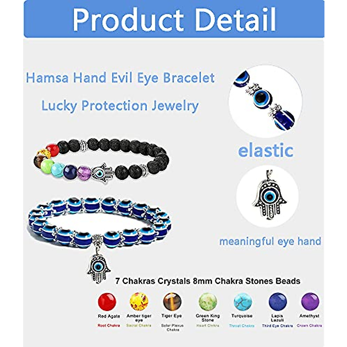RUIZHEN 2Pcs Evil Eye Hamsa Blue Beaded Charm Stretch Bracelet 7 Chakras Gemstone Lava Stone Hamsa Hand Evil Eye Bracelet (blue bead +7 Chakras)
