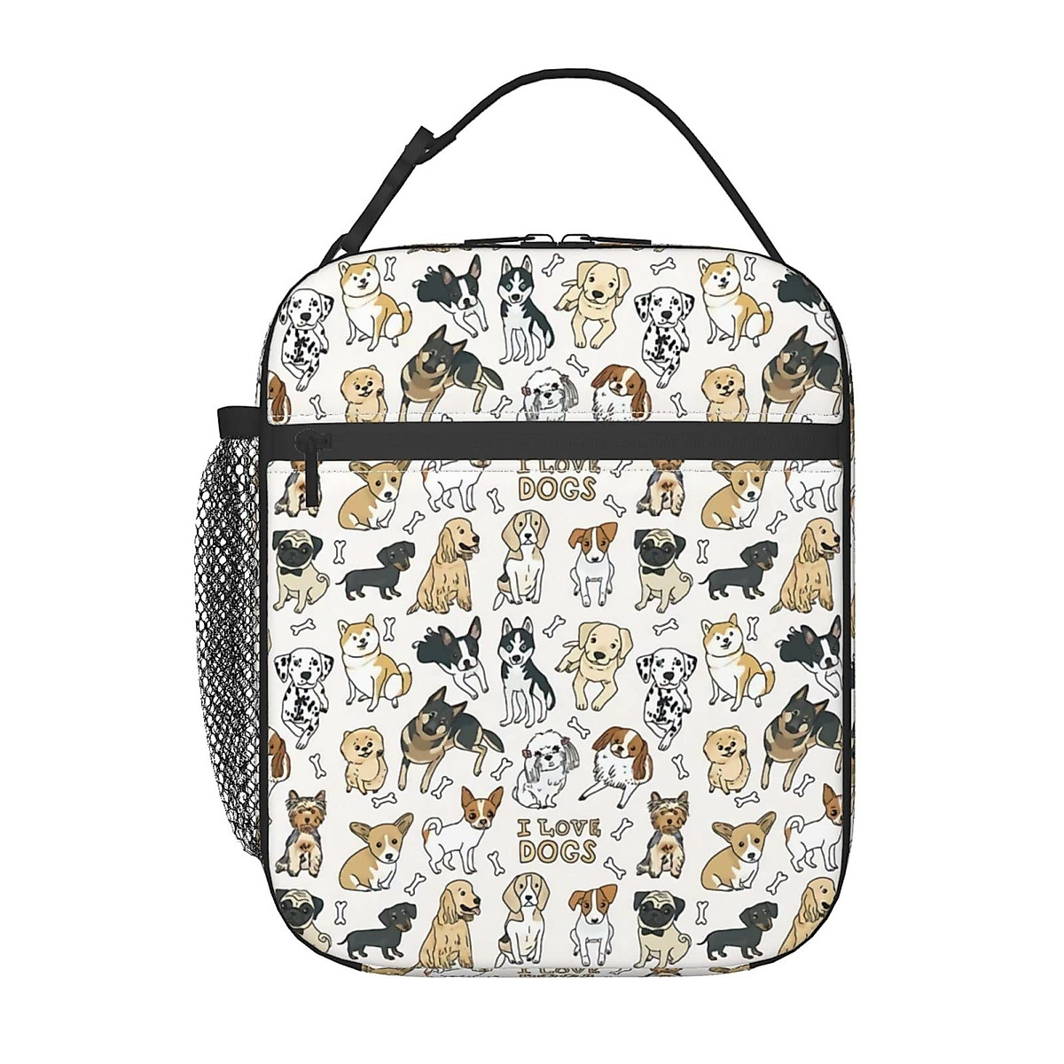 MIHAIN Cute Doodle Dog Portable Lunch Bag Insulated Box Reusable Cooler Totes For Women Men Ladies Adults Girls Boys Work Picnic Camping Black5 (2064B)