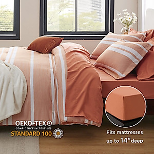 Bedsure Bed in a Bag Queen Size 7 Pieces, Burnt Orange White Striped Bedding Comforter Sets All Season Bed Set, 2 Pillow Shams, Flat Sheet, Fitted Sheet and 2 Pillowcases