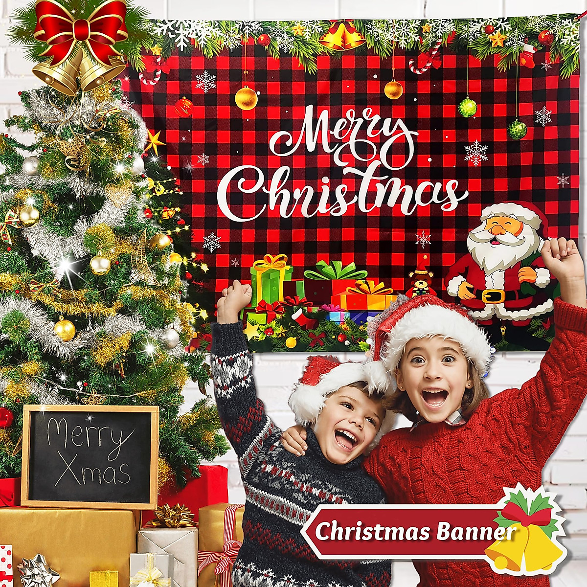 7x5ft Christmas Banner Christmas Tree Santa Claus Snowflake Christmas Backdrop Home Outside Office Decorations Red and Black Plaid Xmas Winter Hanging Wall Party Banner for Photoshoot