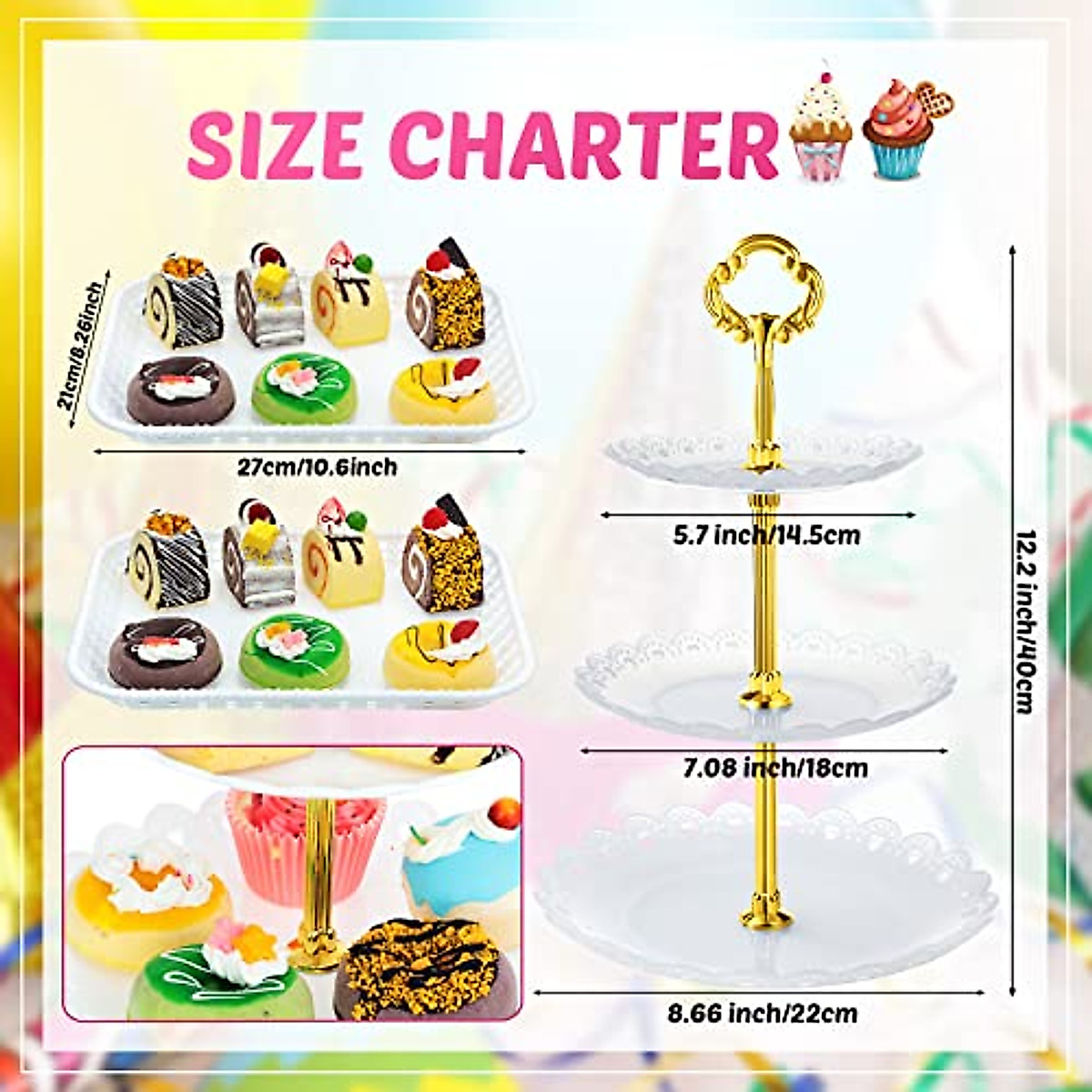 7 Pcs Cupcake Stands Dessert Plates Set 4 Pcs 3 Tire Round Cupcake Stands Cake Fruit Display Tower and 3 Pcs Plastic Rectangle Dessert Trays Candy Server for Wedding Birthday Baby Shower Tea Party
