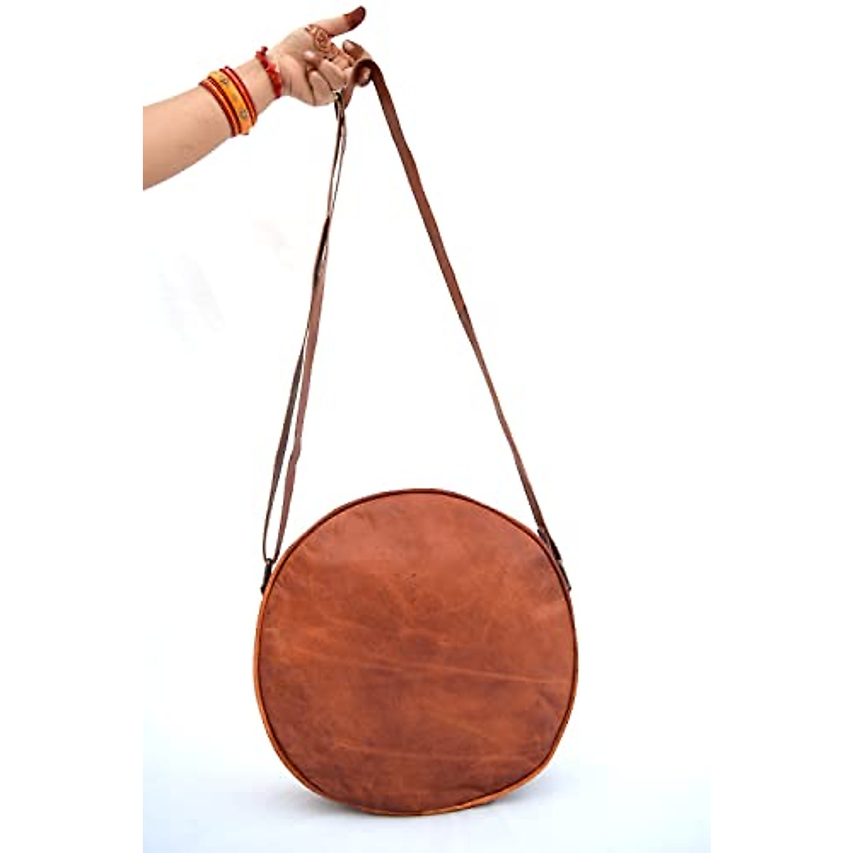 Handmade Vintage Leather Crossbody Bag Women/Teen Girls Satchel Handbag Round Messenger Sling Bags, 10 Inch Small, Brown