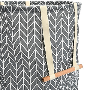 Household Essentials Round Krush Hamper with Wood Dowel Handles, Gray Chevron