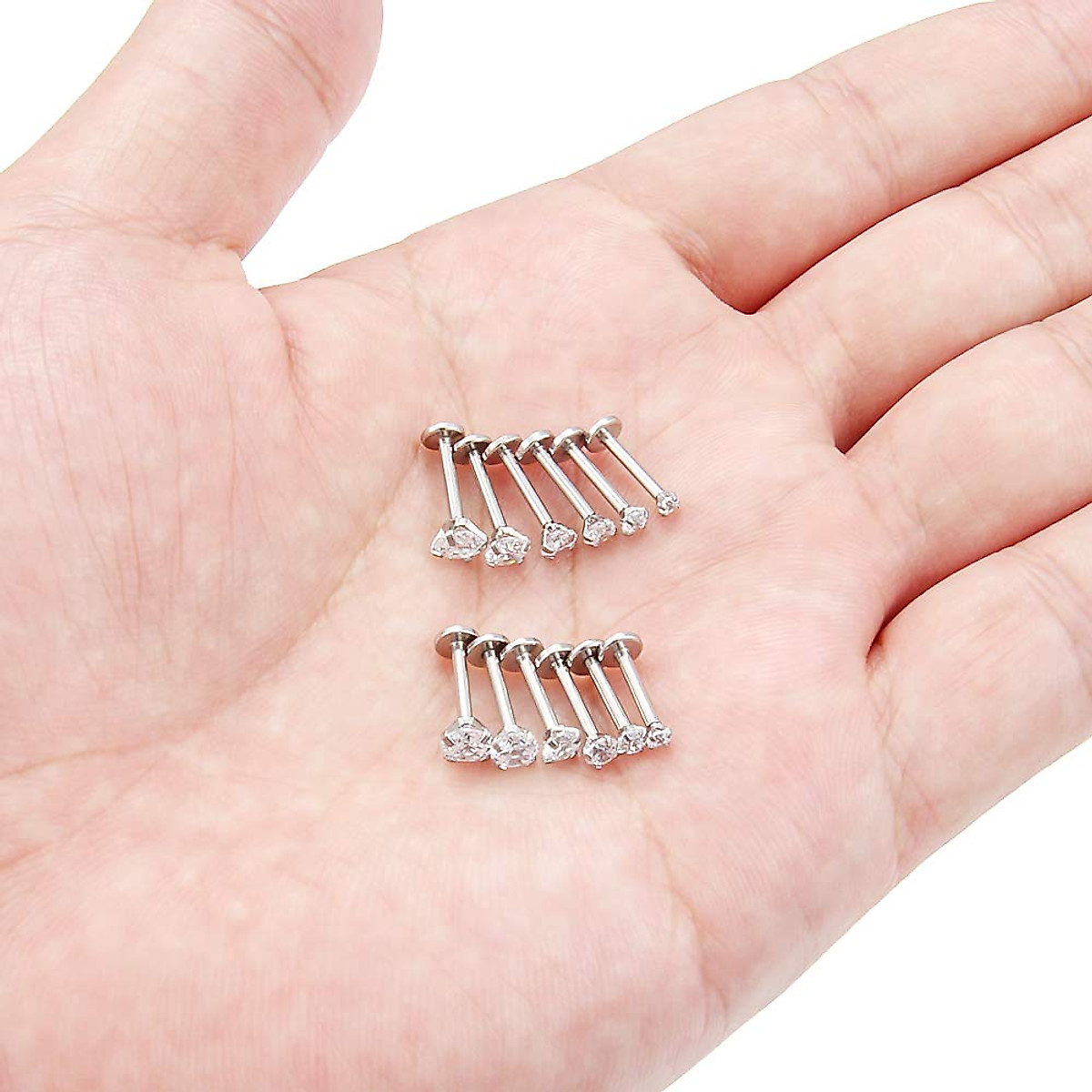 SCERRING 6 Pairs 16g Stainless Steel 2-4.5mm Prong Setting Clear CZ Internally Threaded Labret Monroe Lip Tragus Daith Cartilage Helix Earring Ring Body Piercing Jewelry 8mm - Silver