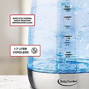 Betty Crocker Electric Tea Kettle, Glass with Temperature Control, Stainless Steel Body and LED Display, 1.7 Liters