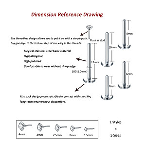 Aumeo 20G 18G 16G Threadless Push in Nose Rings Studs Surgical Steel Labret Jewelry Monroe Lip Rings Studs Medusa Ashley Piercing Jewelry for Women (Steel-18g*6/7/8/10/12mm)