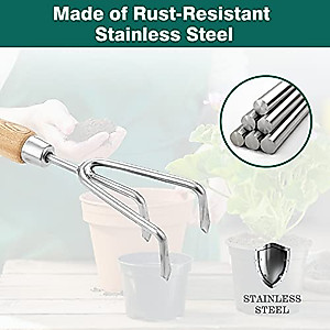 Berry&Bird Garden Hand Cultivator, Stainless Steel Handheld Triple Claw Hand Rake with Ergonomic Wooden Handle and Leather Strap, Heavy Duty Garden Tilling Tool for Weeding, Turning Soil, Cultivating