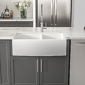 33 Farmhouse Sink Double Bowl, Dcolora 33 Inch Farm Kitchen Sink Apron Front Double Bowl 60/40 White Fireclay Ceramic Farm Kitchen Sink Basin (33"x21"x10")