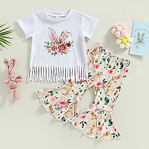 Xdftwdmgqe Toddler Baby Girl Easter Clothes Short Sleeve Letter Print Tops Floral Bell Bottoms Pants 2Pcs Summer Outfit