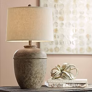John Timberland Otero Rustic Southwestern Style Table Lamp 27" Tall Gray Faux Mottled Stone Jug Cream Linen Drum Shade Decor for Living Room Bedroom Bedside Nightstand Office Entryway Reading
