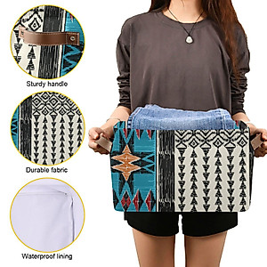 Large Foldable Storage Basket American Indian Aztec Geometric Pattern Storage Bin Canvas Toys Box Fabric Decorative Collapsible Organizer Bag with Handles for Bedroom Home