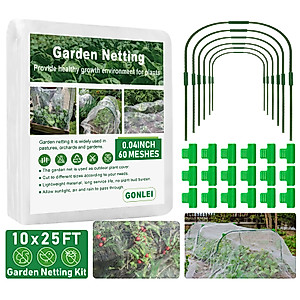 GonLei 10x25FT Garden Mesh Netting Kit Raised Beds (6 Pcs Garden Hoops & 18 Clips) Garden Hoops Plant Row Covers Netting Protection Berry Bush Trees Grass Seed Barrier Net