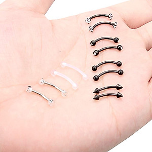 Dyknasz Eyebrow Ring Bar 16G Stainless Steel Curved Barbell Clear Diamond CZ Tragus Helix Piercing Body Jewelry Bioflex Retainer for Women Men Girls Screw Ball Spike 12 Pieces Black