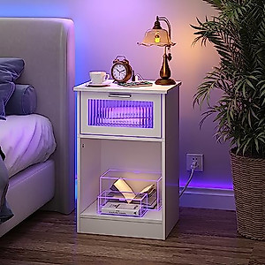 Nightstand with Charging Station and LED Light, Modern Bedside Table, Side End Table with Storage Compartment and Glass Door for Bedroom, Living Room -White