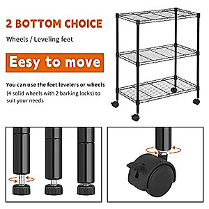YRLLENSDAN 3 Tier Shelf, Small Closet Shelving Adjustable Shelving Unit Kitchen Storage Shelves with Wheels, Heavy Duty Steel Organizer Wire Rack, Black (32" H x 23" W x 13" D)