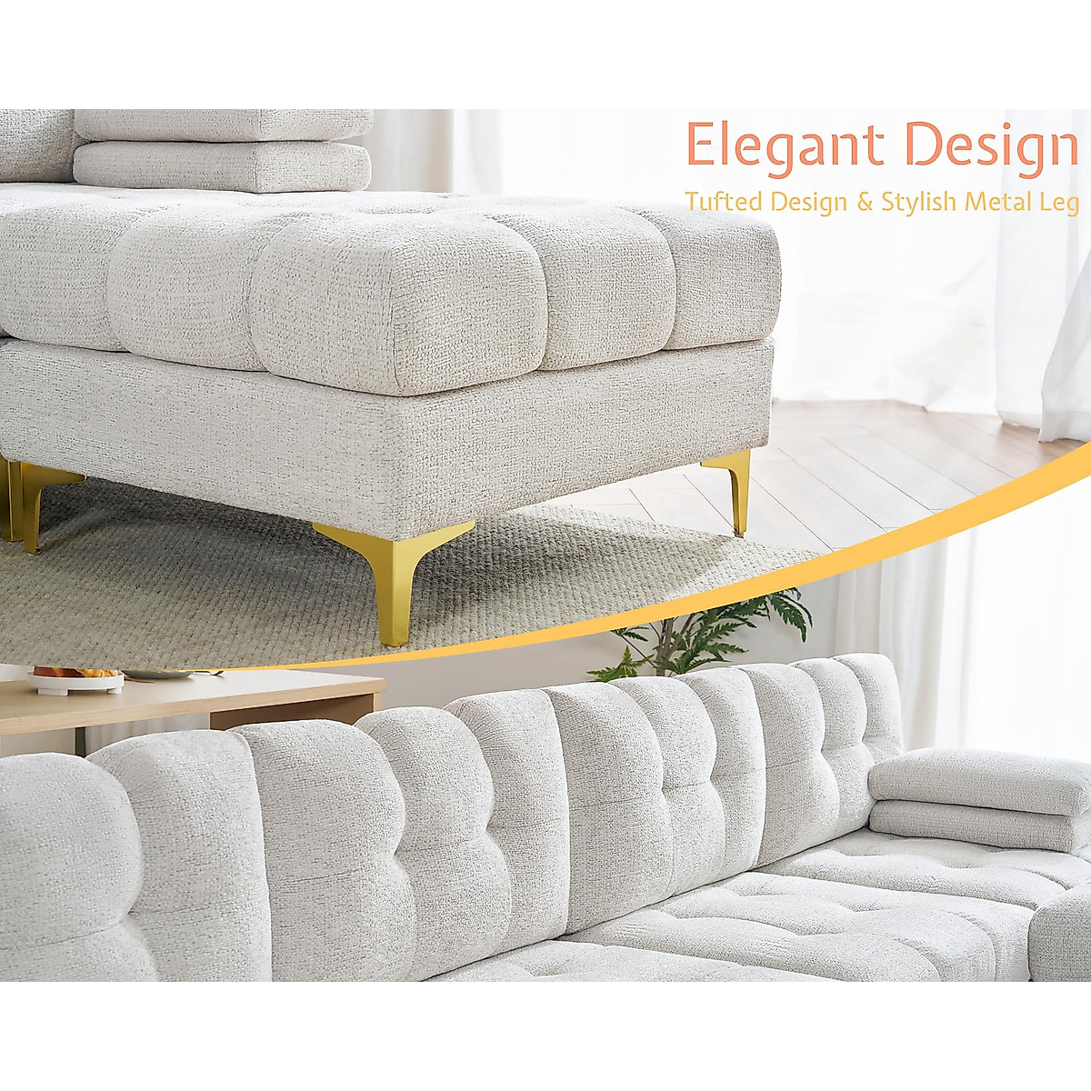 PaPaJet 124 Inch Sectional Sofa, 6 Seater Modular Sectional Couch with Metal Legs, U Shaped Sofa Couch for Living Room, Beige Chenille