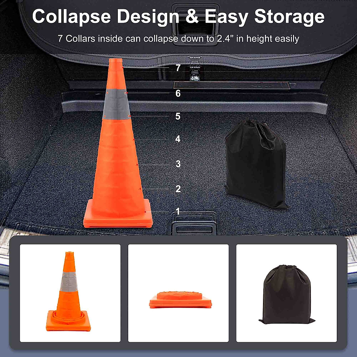 BATTIFE [2 Pack] 28 Inch Collapsible Traffic Safety Cones, Orange Cones, Multi Purpose Pop-up Cones with Reflective Collar, for Road Parking, Driving Practice