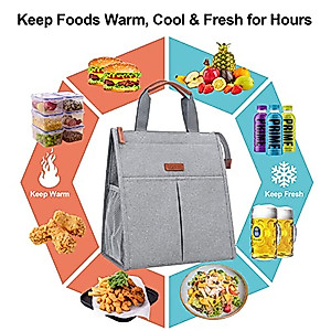 Lacdo Lunch Bag for Women Men Insulated Lunch Tote Bags Waterproof Reusable Lunch Box Soft Cooler with Pockets for Work Travel Picnic, Gray