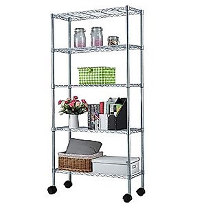 Baisha 5 Tier Rolling Storage Shelves Metal Wire Shelving Unit, Heavy Duty Commercial Grade Shelf, Height Adjustable Organizer Rack for Garage Kitchen Office, 36 L x 14 W 65 inch H (Chrome) (XM-206)