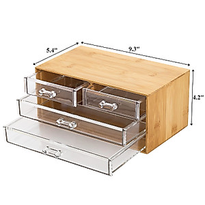 Okllen Bamboo Cosmetic Storage Organizer with 4 Acrylic Drawers, Clear Makeup Organizer Jewelry Storage Box, Desktop Organizer Dresser Display Case for Skincare, Hair Accessories, Bathroom Counter