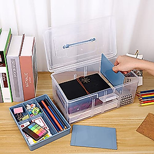 BTSKY 2 Layer Clear Plastic Dividing Storage Box with Removable Tray Multipurpose Stationery Storage Box with Handle Portable Sewing Box Art Craft Supply Organizer Home Utility Box (Big Blue)