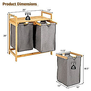 Giantex Bamboo Laundry Hamper with Dual Compartments, 2-Section Laundry Sorter w/Removable Sliding Bags & Shelf, Laundry Basket w/Handles, Utility Laundry Storage Organizer for Bathroom Bedroom