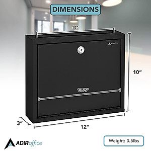 Adir Metal Suggestion Box with Lock and Slot, Wall Mount Deposit Box for Payments and Checks, Office Mail Box for Employees, Mailbox for House, Safe Drop Box with Keys - 3x10x12 Inch Black