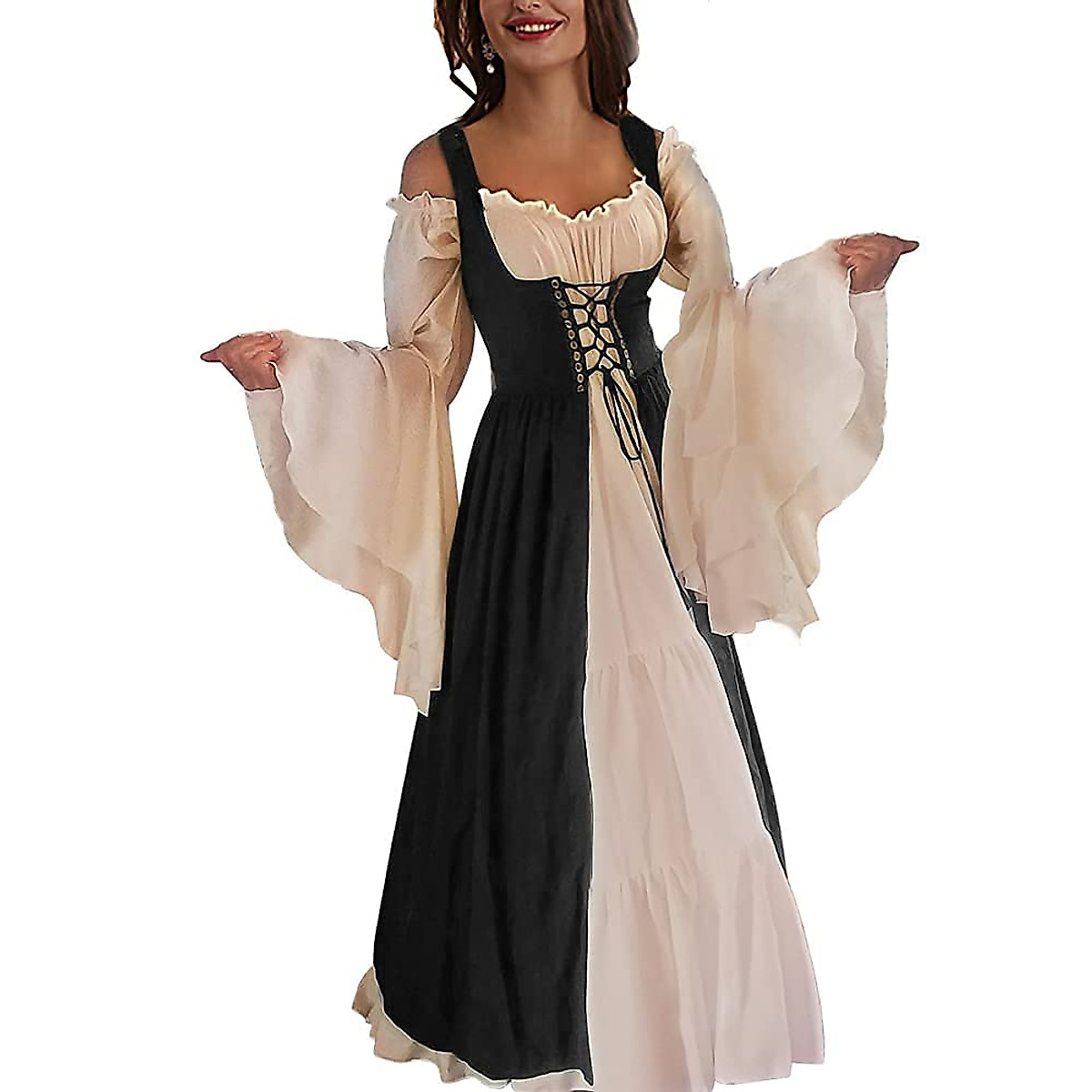Abaowedding Womens's Medieval Renaissance Costume Cosplay Chemise and Over Dress 2X-large/3X-Large Black and Ivory