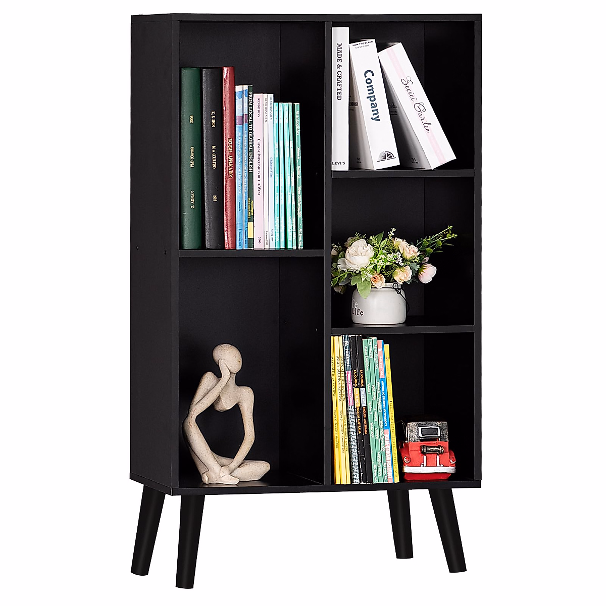 YAHARBO Small Black Narrow Bookshelf,3 Tier Modern Bookcase with Legs,Bookshelves Wood Storage Shelf,Rustic Book Shelves Cube Organizer,Display Bookcase