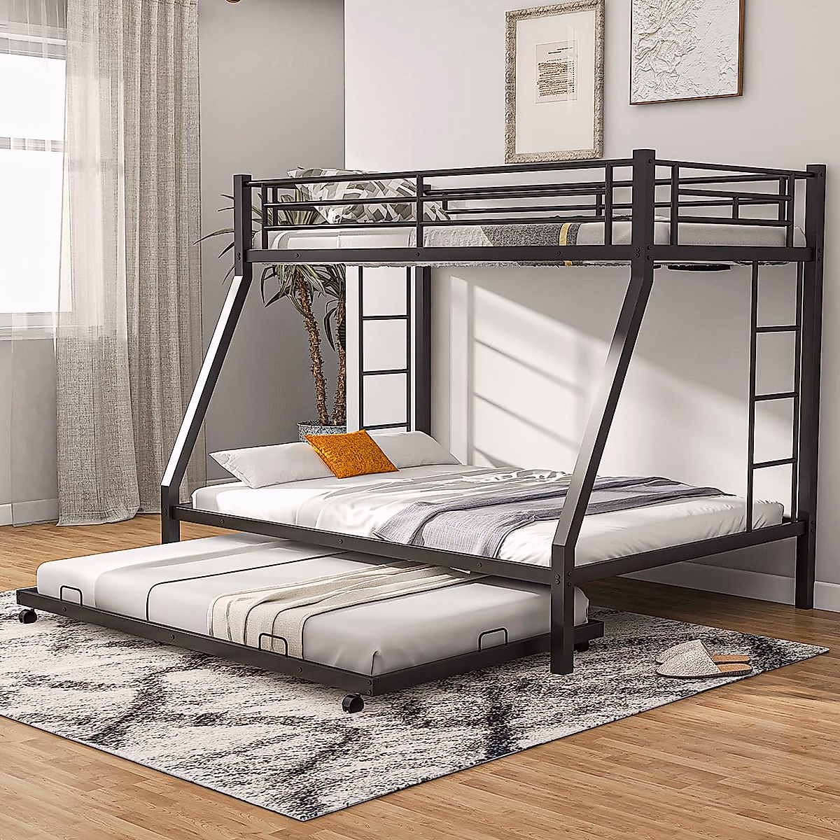 Giantex Twin Over Full Bunk Bed with Trundle, Heavy-Duty Metal Triple Bunk Beds w/Two Side Ladders & Safety Guard Rail, 3 in 1 Bunk Beds for Kids Teens, No Box Spring Needed, Black