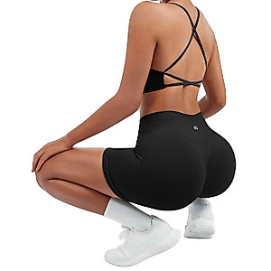 SUUKSESS Women Seamless 2 piece Workout Sets Strappy Padded Sports Bra Booty High Waisted Shorts Outfits (Black,M)