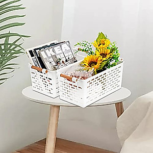 Yesland 6 Pack Plastic Storage Basket, White Organizing Bins Basket with Handles, Sturdy Plastic Closet Baskets Containers for CD, Small Closet Storage in Home Office - 12 x 6 x 5 Inches