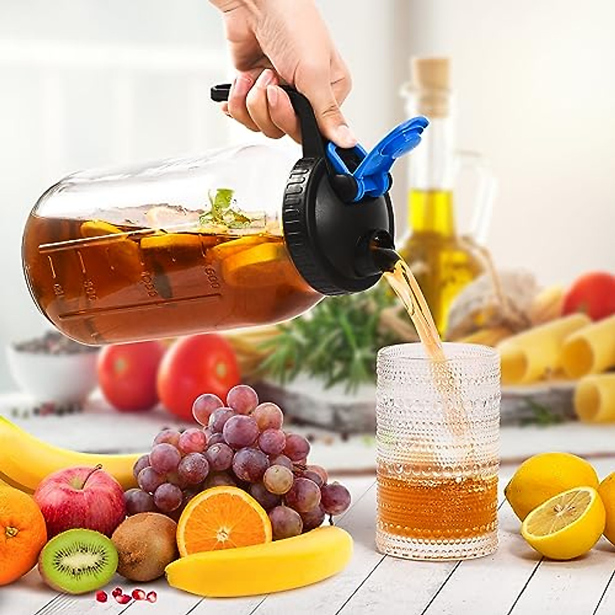 Glass Pitcher with Lid, 2 Quart(64oz) Mason Jar Pitcher with Pour Spout Handle Lid, Large Wide Mouth Jar Leak-Proof Airtight Water Jug for Sun Tea, Juice, Milk, Tea, Lemonade, Coffee, Drinks