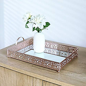 BalsaCircle 16x12-Inch Rose Gold Metal Rectangle Fleur De Lis Trim Decorative Mirror Serving Tray Wedding Party Dessert Centerpieces