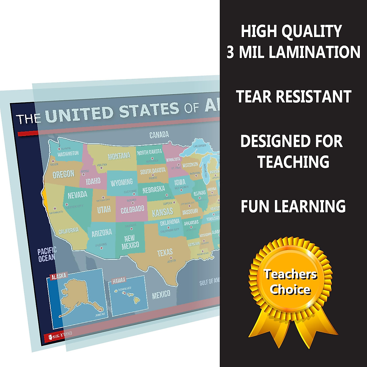 Map of USA for kids (18x24) LAMINATED 50 states and capitals Large Poster Young N Refined