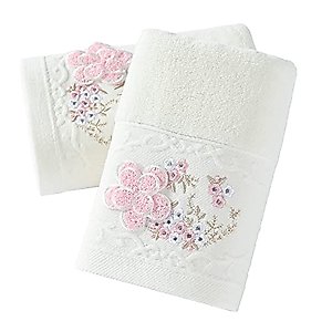 YiLUOMO Beige Hand Towels Stereoscopic Flower Embroidered Bathroom Hand Towel Super Soft 100% Terry Cotton Highly Absorbent Decorative for Home Bathroom(13 x 29 Inch, 2 Pieces)