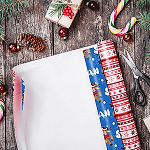 Personalized Christmas Wrapping Paper with Name,Custom Happy Birthday Xmas Elk Snowflake Blue Wrapping Paper Roll with Text for Friends Family,Christmas Gift for Kids Boys and Girls (58"x 23")