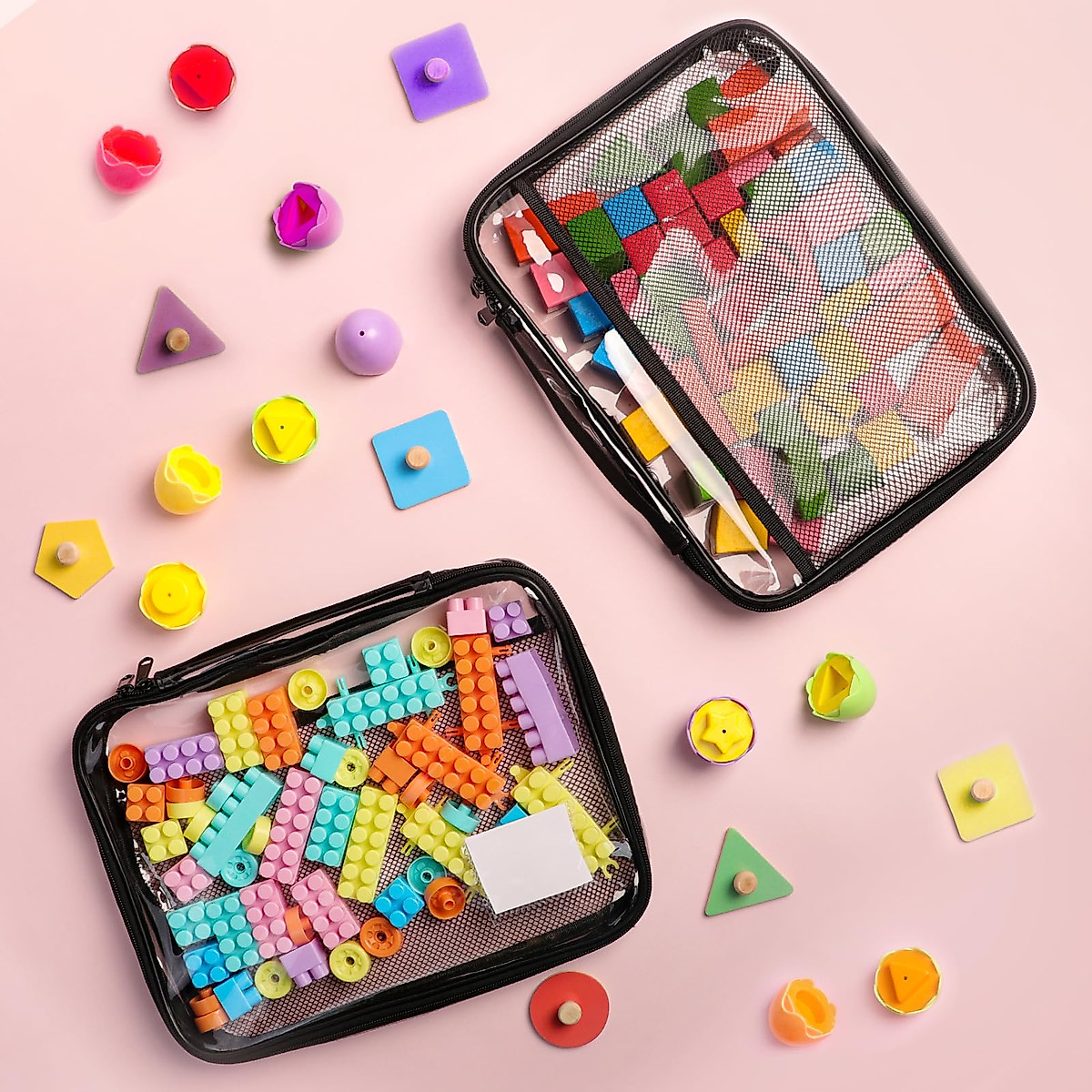 Partreko 2 Packs Clear PVC Zippered Blocks Set, Waterproof Toy Storage Organizer with Mesh Pocket and Label, Traveling Toy Bags with Handle for Board Games, Building Blocks, Toys, Large