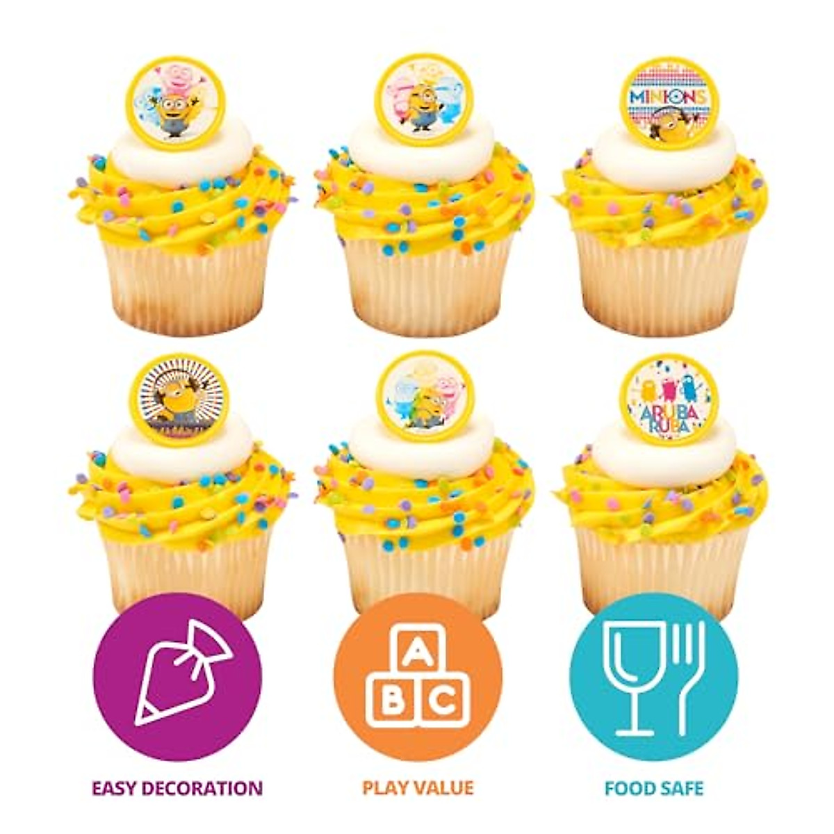 DecoPac Despicable Me™ Celebrations Cupcake Rings, 24 Minions Cupcake Decorations, 6 Minion Designs On Yellow Rings - 24 Pack
