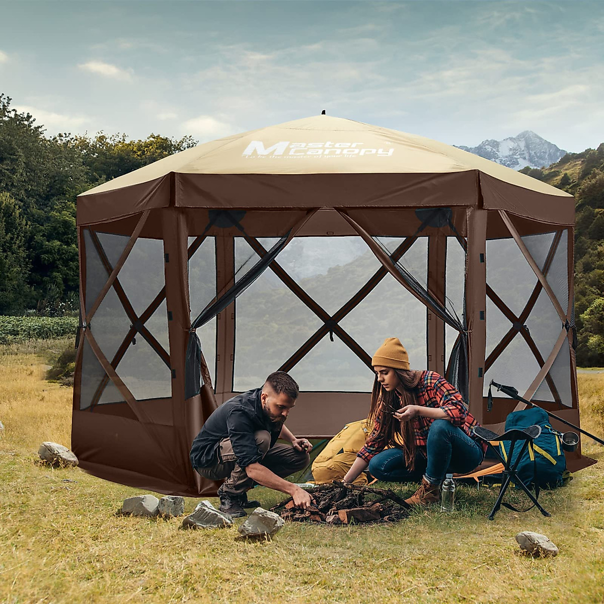 MASTERCANOPY 12x12 Portable Screen House Room Pop up Gazebo Outdoor Camping Tent with Carry Bag (12x12,Beige&Coffee)