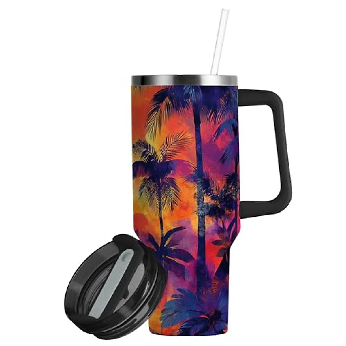 Selerdon 40 oz Tumbler Coconut Trees Tropical Print with Handle and Straw Lid Vacuum Stainless Steel Insulated Water Bottle Travel Mug Car Cup Holder Friendly BPA Free for Gym Travel Office