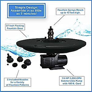 HALF OFF PONDS Aqua Marine Floating Fountain with Large Float, (3) Spray Pattern Nozzles, 3,000 GPH Pump with 100' Cord and (3) 3-Watt Color Changing Light Kit with Remote - AQF30003X3-100