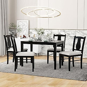 THINK 30 5-Piece Kitchen Dining Table Set, 48” Compact Table & Chair Set for Home, Dinning Room, 2-4 Person, Space Saving Wooden Rectangular Dining Table and 4 Upholstered Chairs-Black