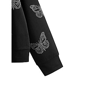 SweatyRocks Women's Butterfly Rhinestone Zip Up Hoodie Black L