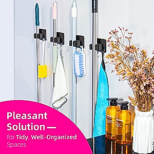 DOMAXCAI 4 Pack Broom Holder Wall Mount, Upgraded Broom Holder, Super Anti-Slip Mop and Broom Holder Wall Mount, Self Adhesive Broom Hanger Gripper for Bathroom, Garage Laundry Room Storage, Black