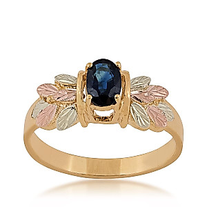 10k Yellow Gold Sapphire .53 with a Bouquet of 12k Green and Rose Black Hills Gold Hand Sculpted Leaves Size 9
