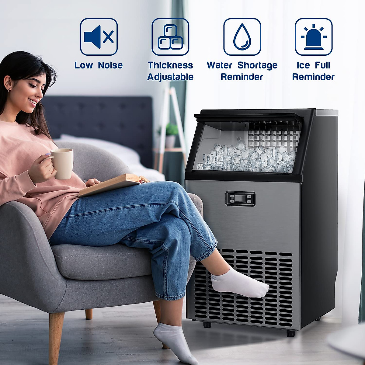 ZAFRO Commercial Ice Maker, 100lbs/24H Ice Machine with 33lbs Ice Bin, Self-Cleaning Under Counter Stainless Steel Freestanding Ice Maker for Restaurant/Bar/Cafe/Office Silver, Includes Scoop